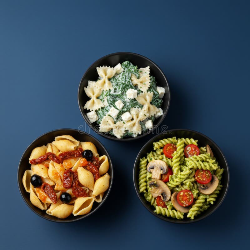 Three Types of Pasta Salad in Black Bowls Stock Illustration ...