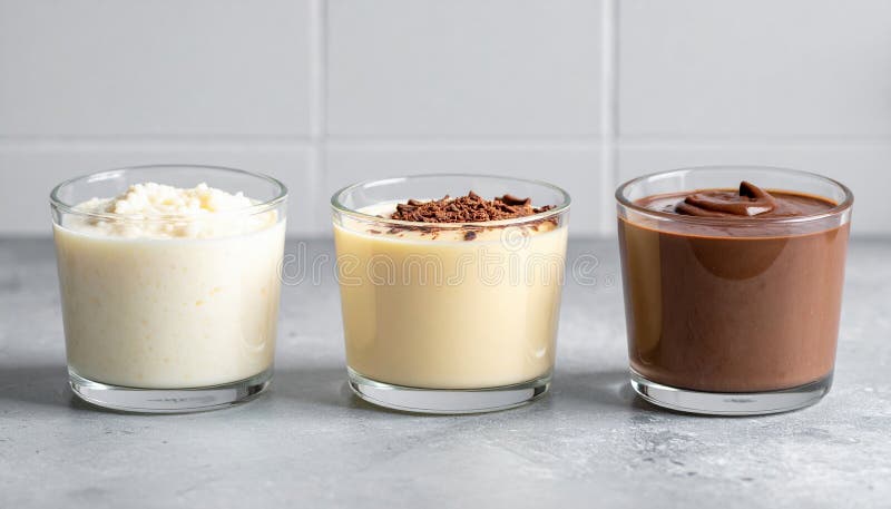 Three Types of Pudding, Chocolate, Vanilla, and Rice, are Arranged in ...