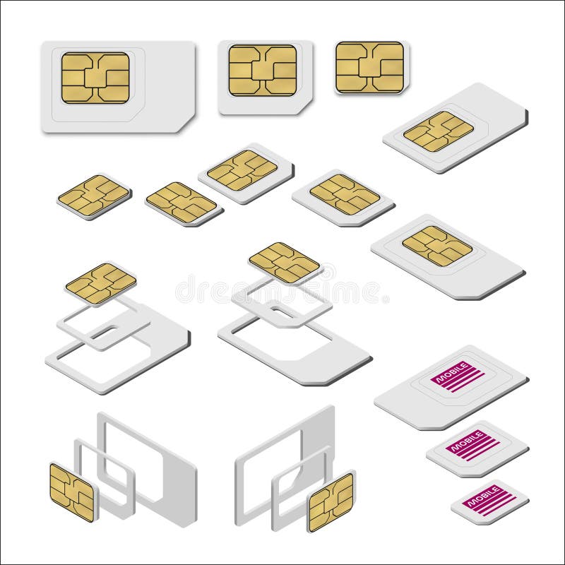 Three Types of SIM Card - Standard, Micro and Nano. Top and Isometric ...