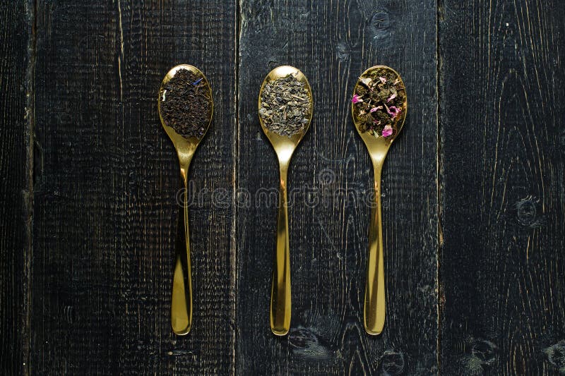Three Types of Tea in Spoons - Green, Black and Rooibos Stock Photo ...