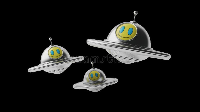 Three Ufos with Smiley Faces Flying on Transparent Background Stock ...