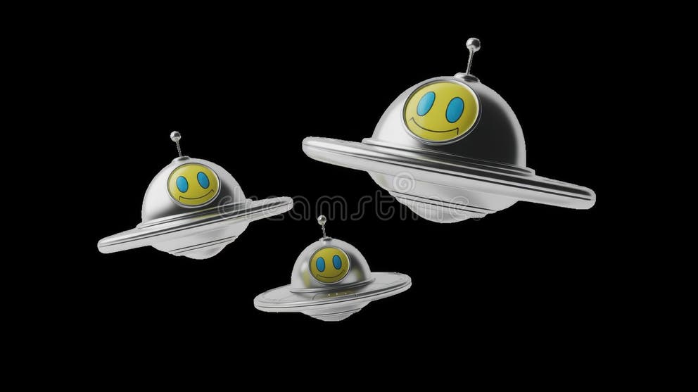 Three Ufos with Smiley Faces Flying on Transparent Background Stock ...