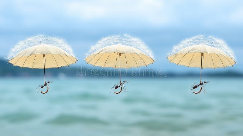 Three Umbrellas Floating Above Water, Each with an Ant Attached Stock ...
