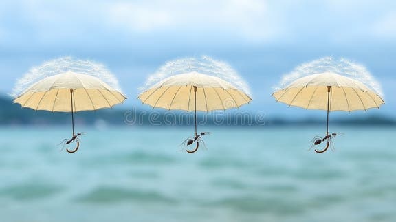 Three Umbrellas Floating Above Water, Each with an Ant Attached Stock Illustration ...