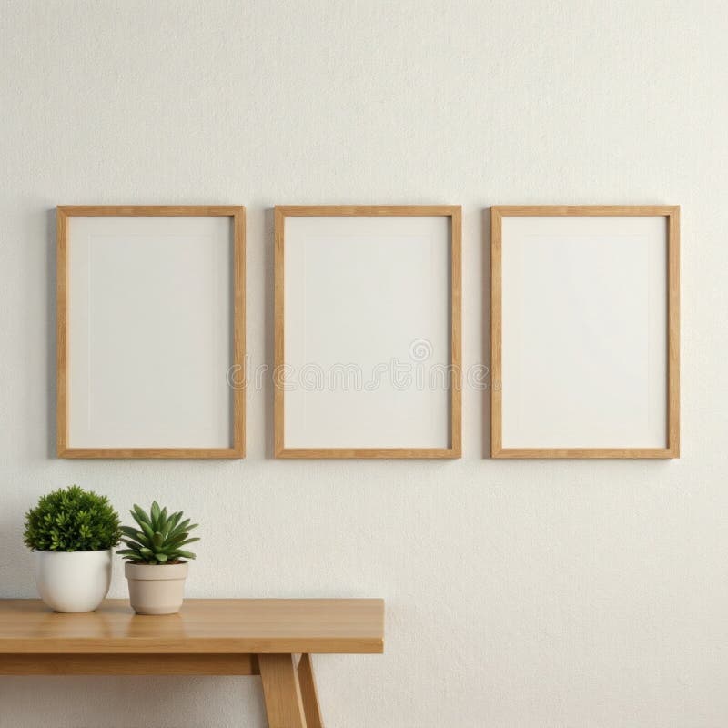 Three Unadorned Light Brown Wooden Picture Frames, Vertically Arranged ...
