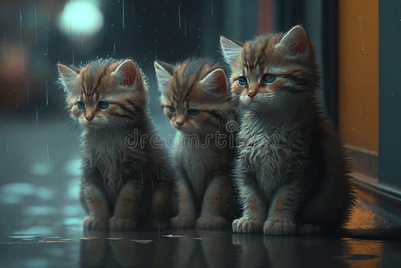 Three Unhappy Kittens Sit in the Rain on the Street in the City ...