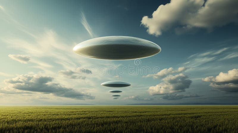 Three Unidentified Flying Objects Hover in the Sky Above a Grassy Field ...