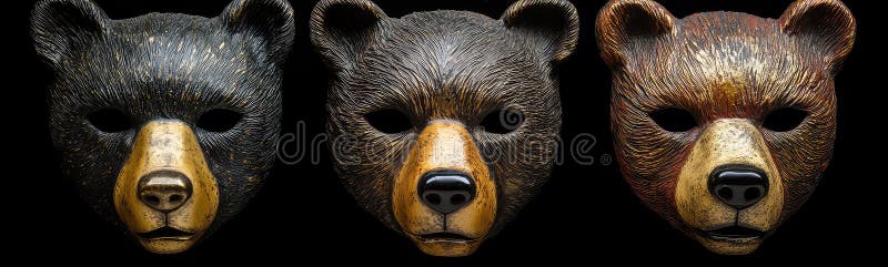 Three Unique Bear Masks Isolated on Black Background Stock Image ...