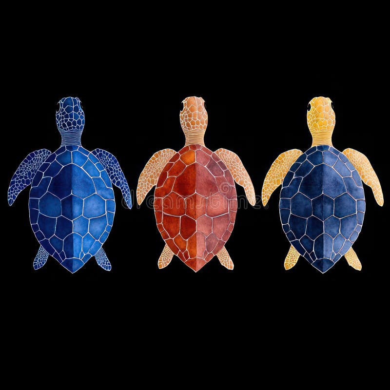 Three Unique Sea Turtles with Varied Shell Patterns in Animal ...