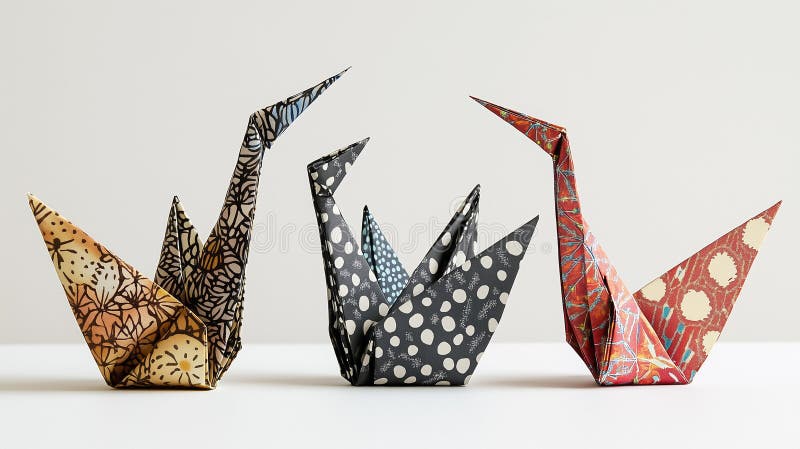 Three Uniquely Folded Origami Cranes Made of Patterned Paper Display ...
