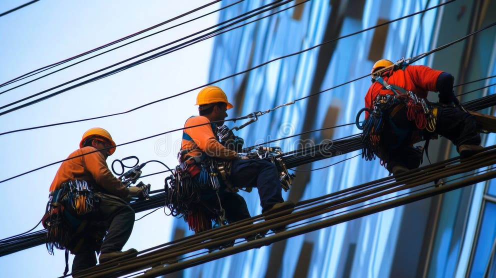 Three Utility Workers on a Power Line Inspection Stock Illustration ...