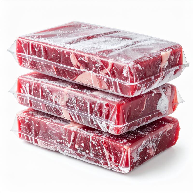 Three Vacuum Packed Rectangular Pieces of Raw Red Meat Stacked on White Stock Illustration ...