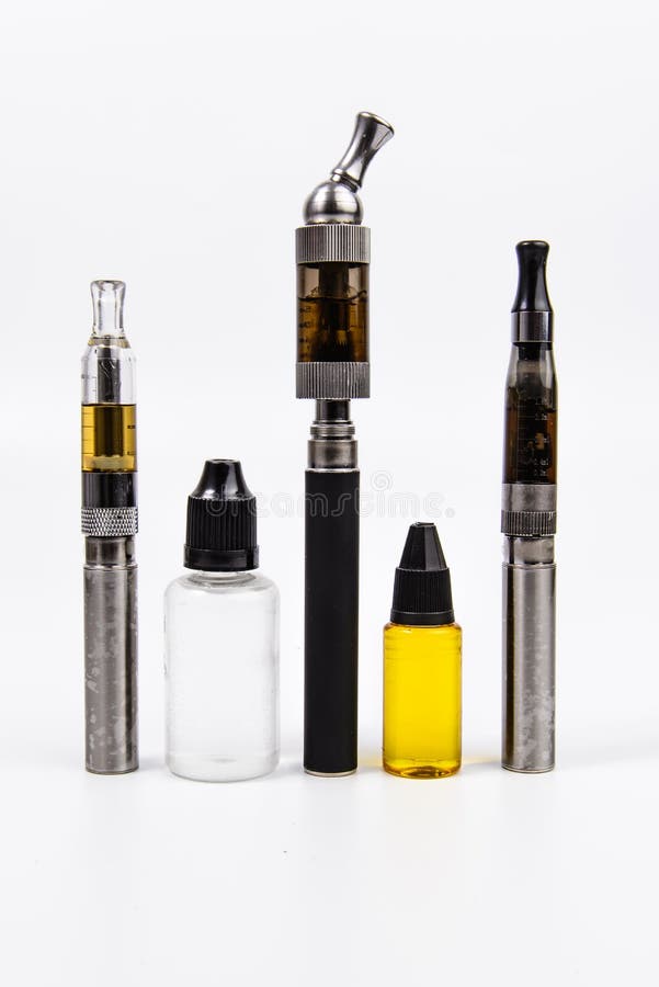 Three Vape E-Cig and Three Vape Juice Bottles Stock Photo - Image of ...