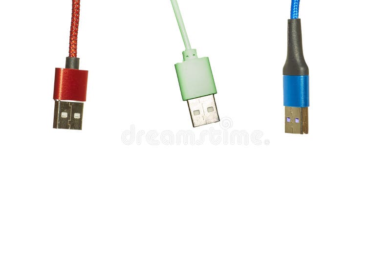 Three Varicolored Universal Serial Bus Cables on a White Background ...