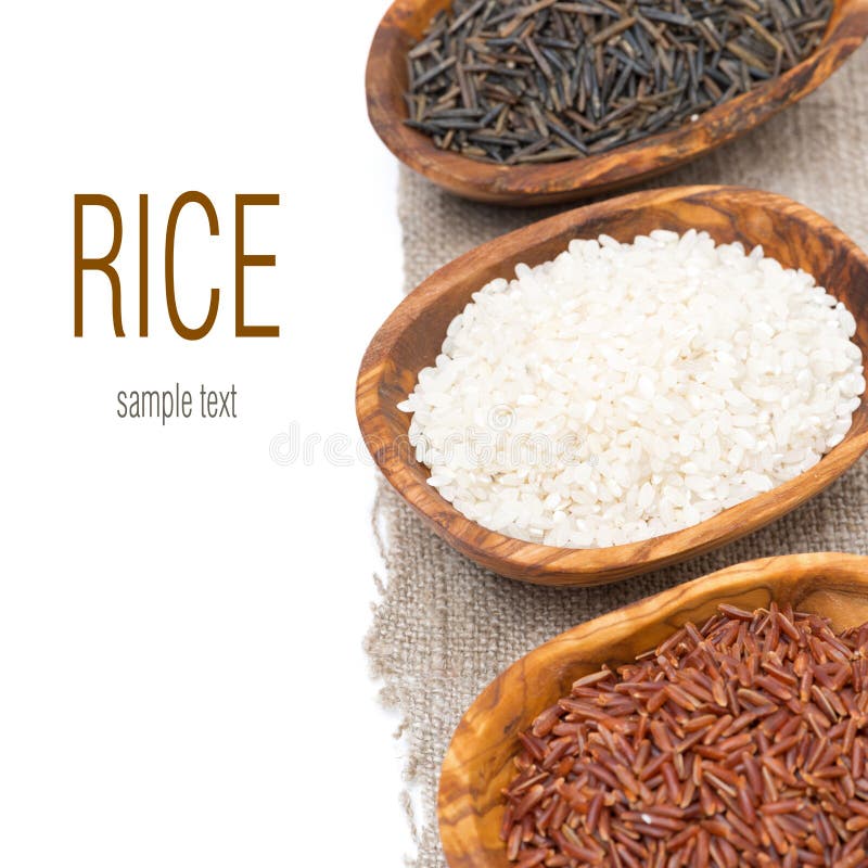 Three Varieties of Rice in Wooden Bowls, Selective Focus Stock Photo ...