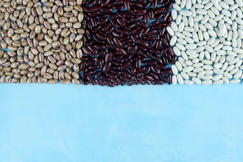 Three Varieties, Types, Colors of Kidney Beans are Scattered on a Blue ...