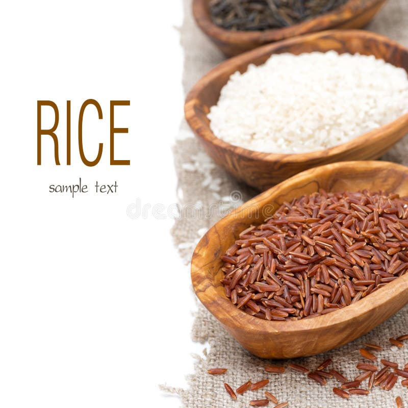 Three Varieties of Uncooked Rice in Wooden Bowl, Selective Focus Stock ...