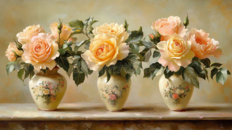 Three Vases of Peach Roses in a Still Life Painting Stock Illustration ...