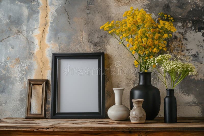 Three Vases and Picture Frame Placed on Table. Perfect for Home Decor ...