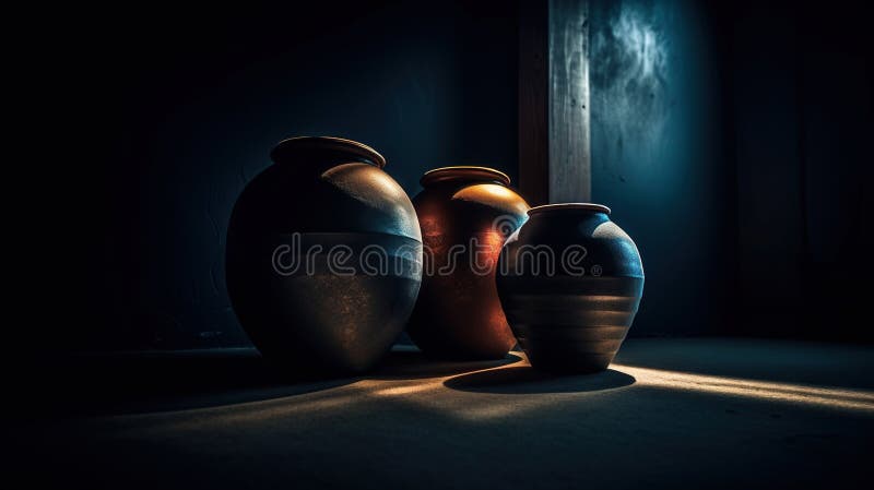 Three Vases Sitting on the Floor in a Dark Room Stock Illustration ...