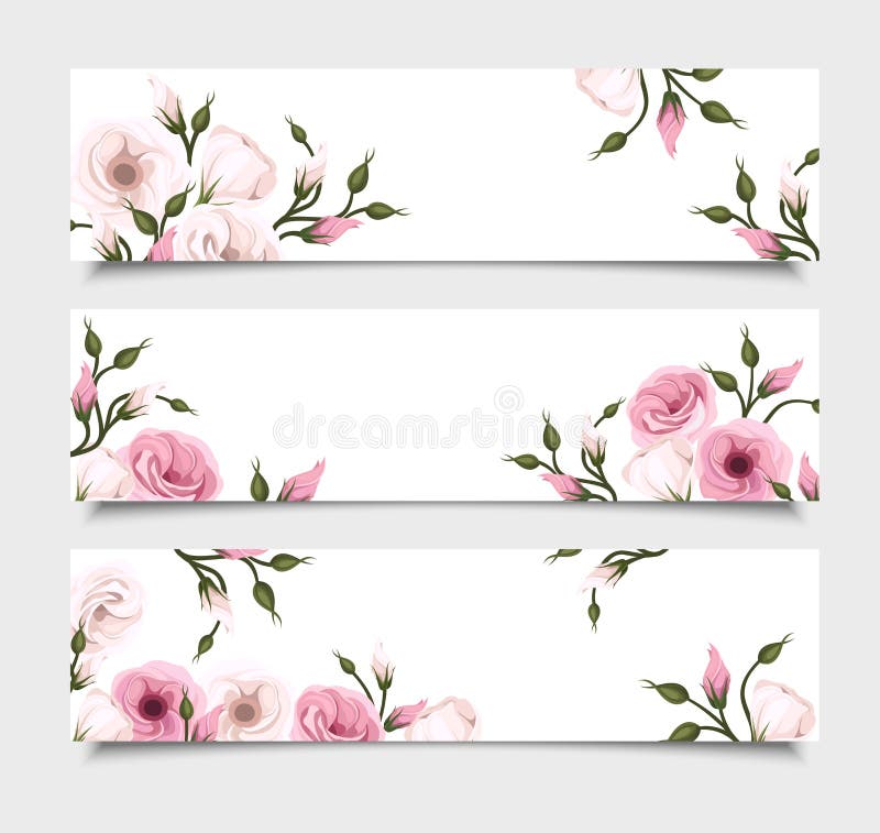 Banners with Red and Pink Roses and Freesia Flowers. Vector ...