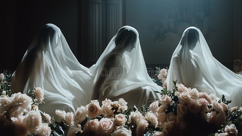 Three Veiled Figures in Soft Lighting with Floral Decor Stock ...