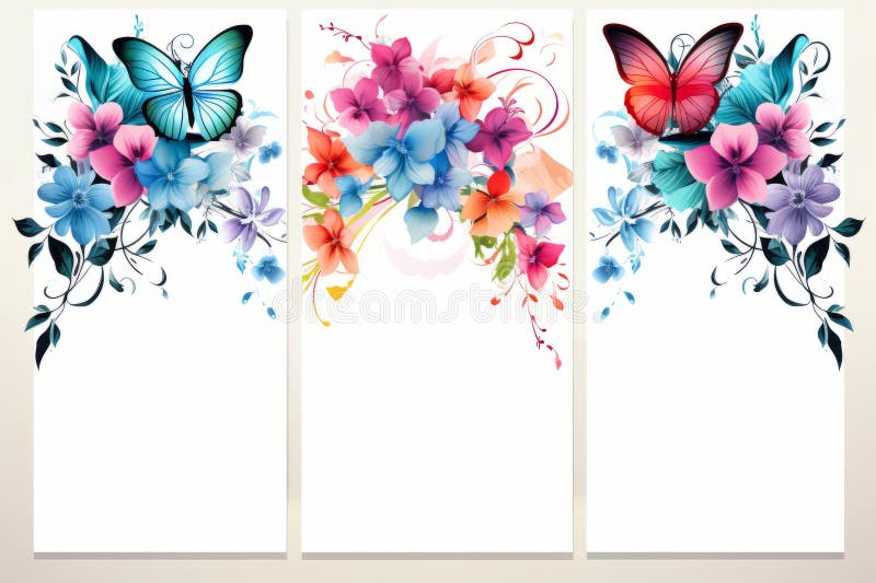 Three Vertical Banners with Flowers and Butterflies Stock Illustration ...