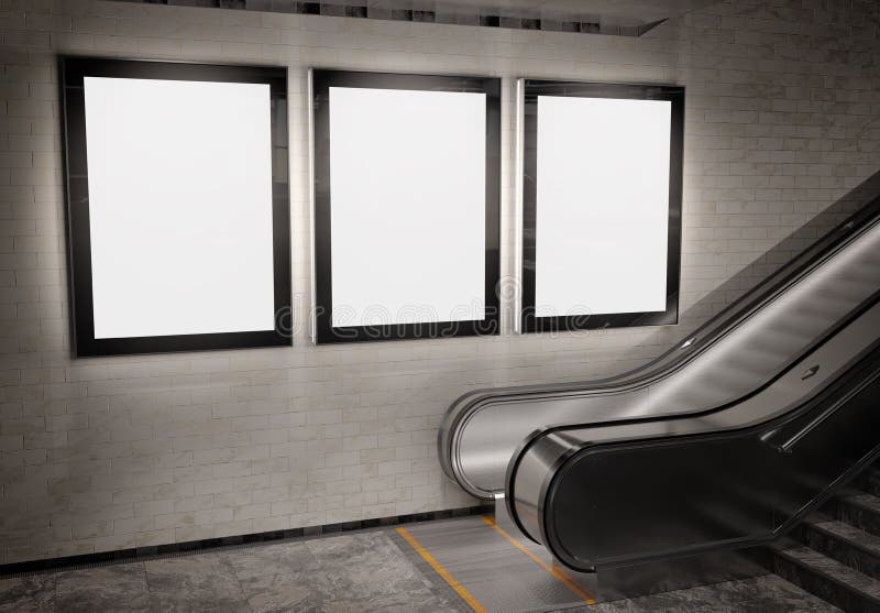 Three Vertical Billboards Glowing on Underground Wall Mockup. Hoardings ...