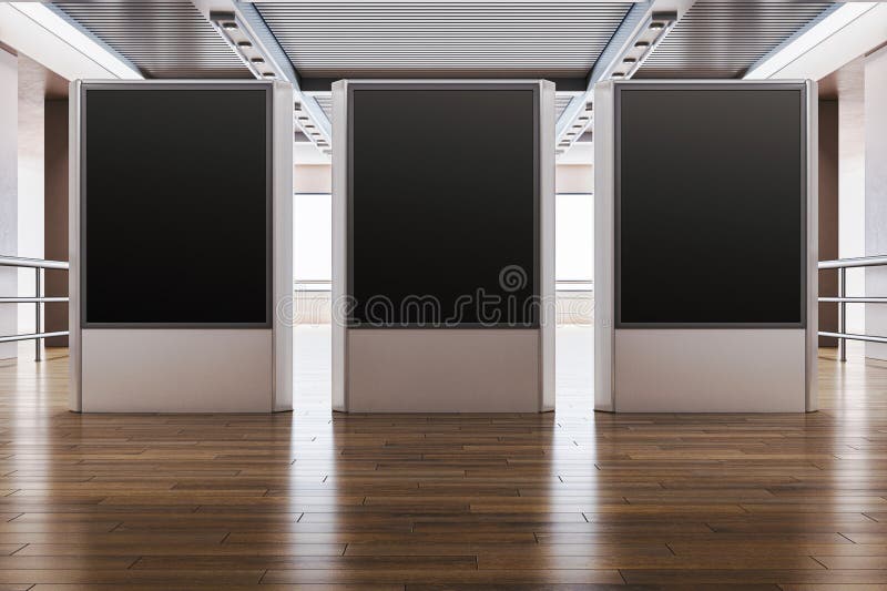 Three Vertical Blank Display Boards in Modern Hallway with Wooden ...