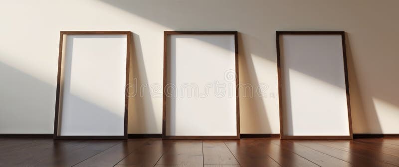 Three Vertical Blank Frames with Spotlights on a Wooden Floor Mockup ...