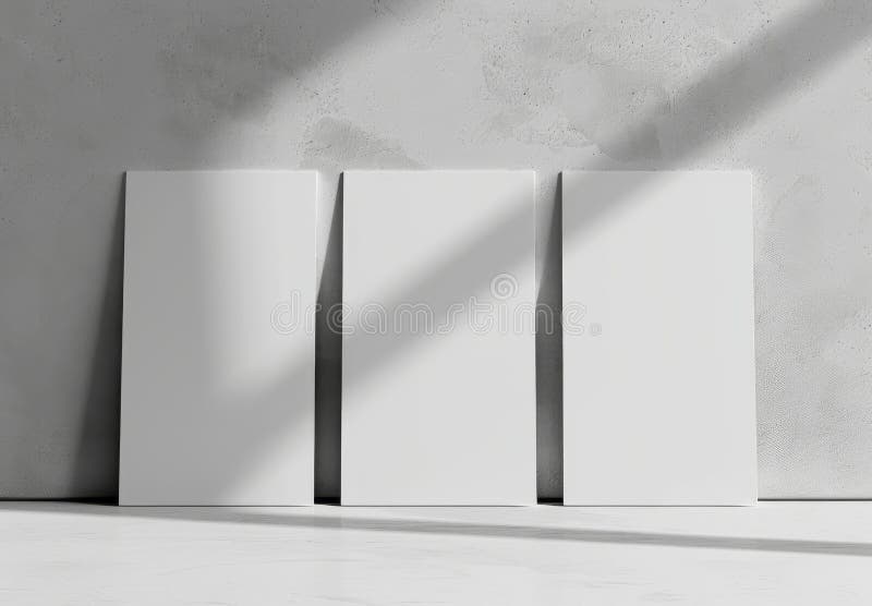 Three Blank A4 Cards Arranged Side by Side on a Grey Background Stock ...