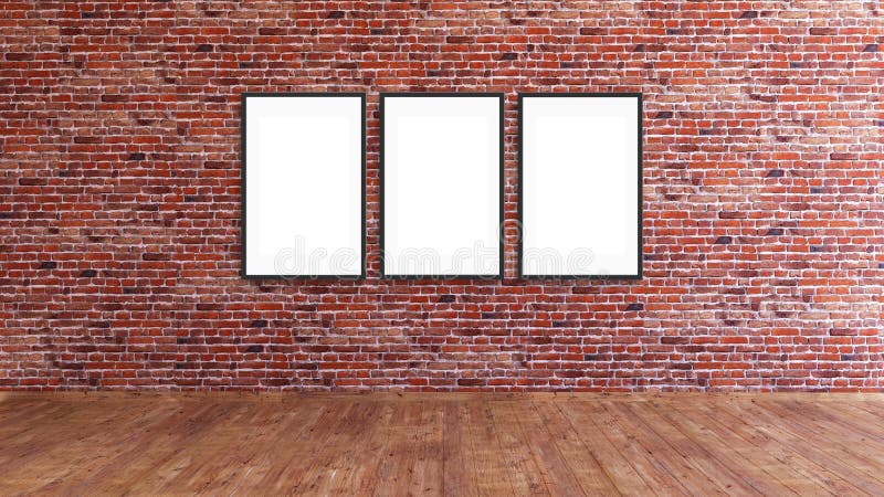 3 Vertical Frame Mockup 3d Rendering on a Red Brick Gallery Wall with ...
