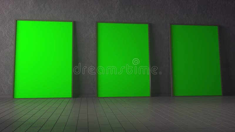 Three Vertical Green Screen Posters on Dark Wall in Minimalist Interior ...