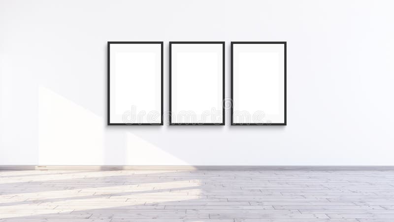 Three Vertical Modern Black Frame Mock Up in a White Room, 3d ...