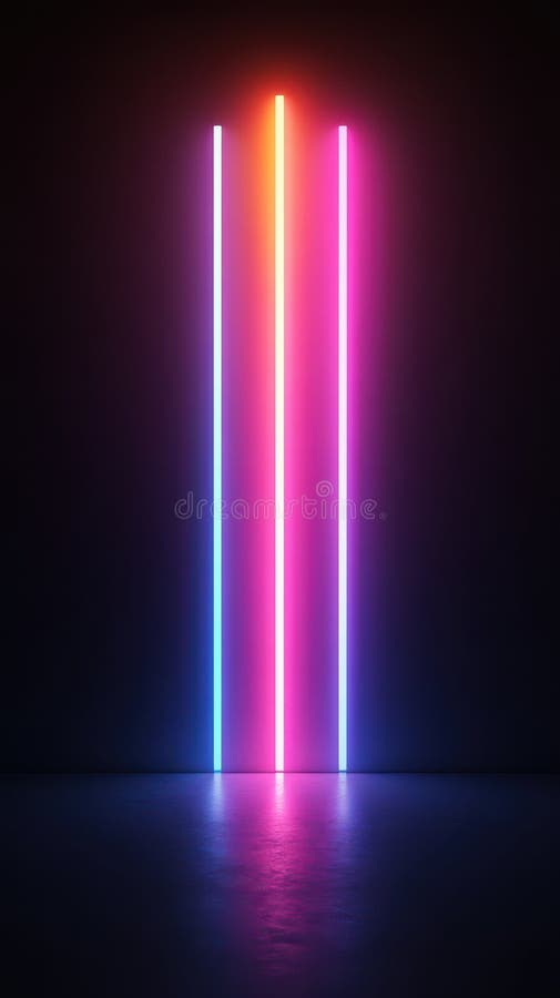 Three Vertical Neon Lights Casting Reflections on a Dark Floor Stock ...