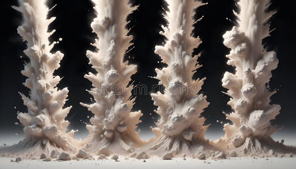 Three Vertical Plumes of White Powder Exploding Upwards from the Ground ...