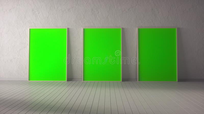 Three Vertical Posters with Green Screen Frames Against Gray Wall ...