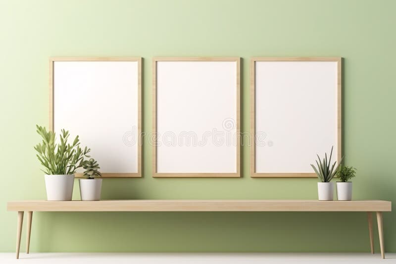 Three Vertical Wooden Empty Frame Poster on Wooden Table with Lite ...