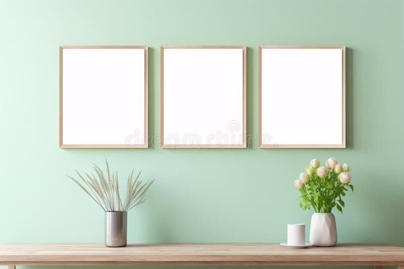 Three Vertical Wooden Empty Frame Poster on Wooden Table with Lite ...