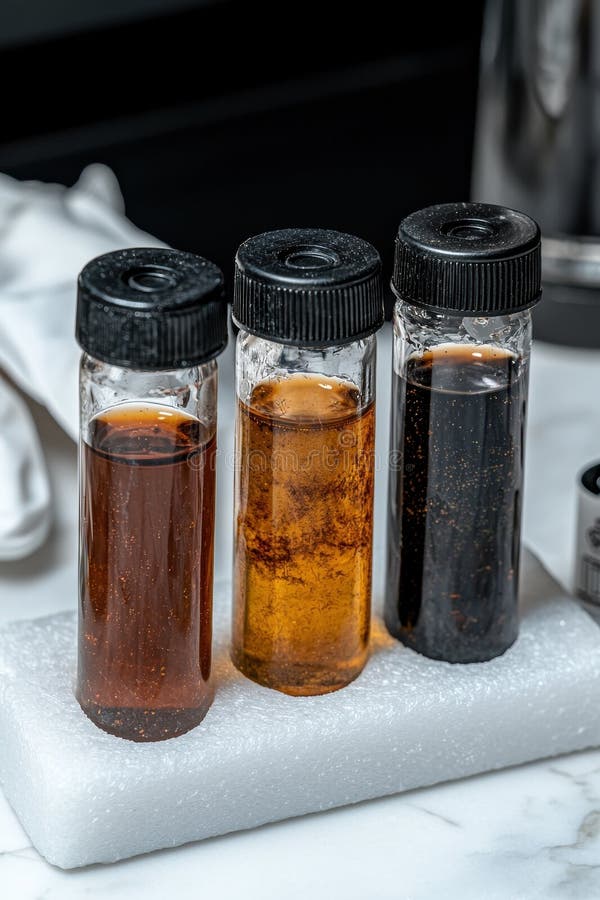 Three Vials of Different Colored Liquids on a White Surface Stock ...