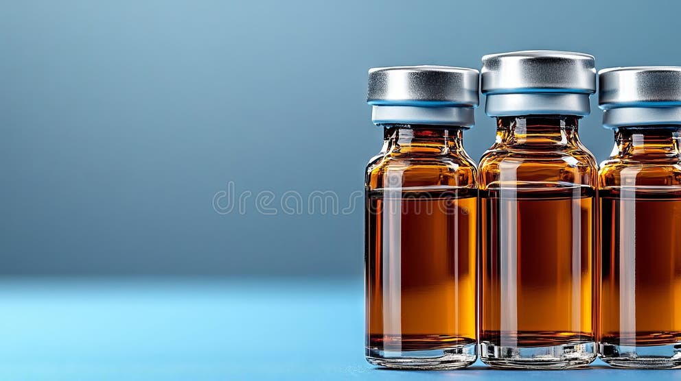 Three Vials of Medicine Sitting on a Blue Surface Stock Image - Image ...