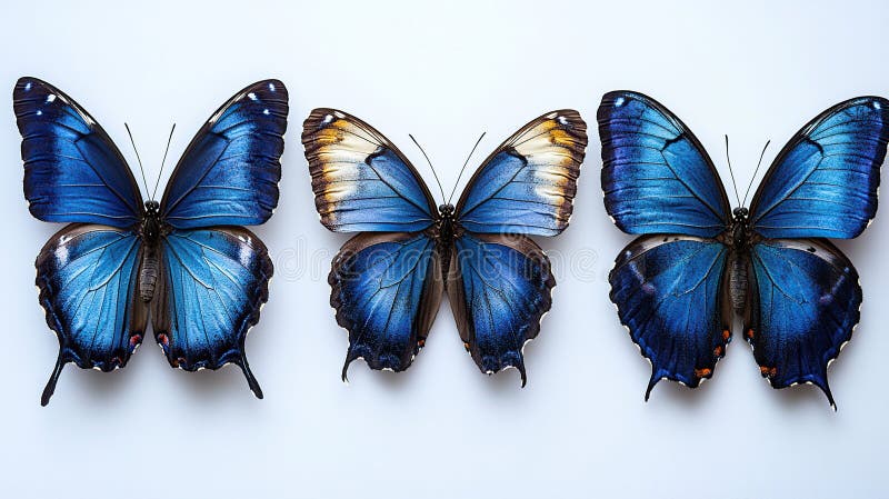 Three Vibrant Blue Butterflies Arranged in a Row on a White Background ...