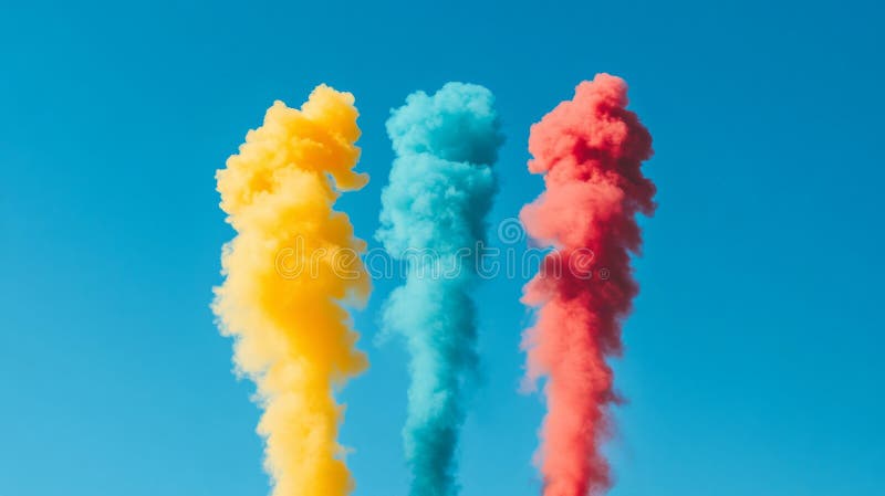 Three Vibrant Colored Smoke Plumes Rise Against a Blue Sky Stock ...