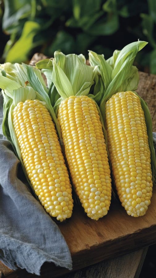 Freshly Harvested Corn Cobs Arranged on a Kitchen Countertop with Green ...