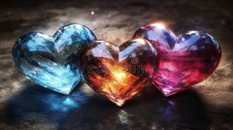 Three Vibrant Crystal Hearts Resting on Dark Surface Stock Illustration ...