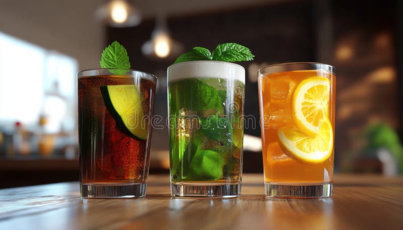 Refreshing Beverages Served in Three Glasses with Mint and Fruit ...