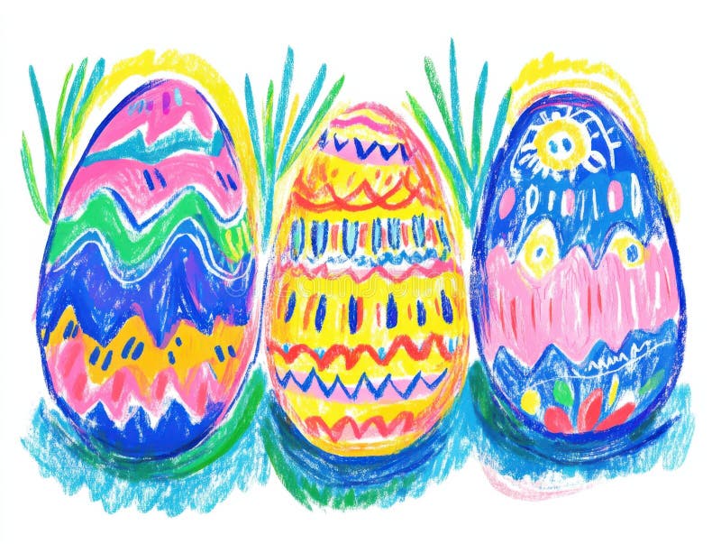 Three Vibrant Easter Eggs are Illustrated in a Playful, Child-like ...