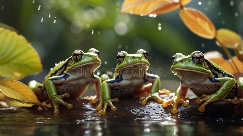 Three Green Tree Frogs Posing in the Rain Stock Illustration ...