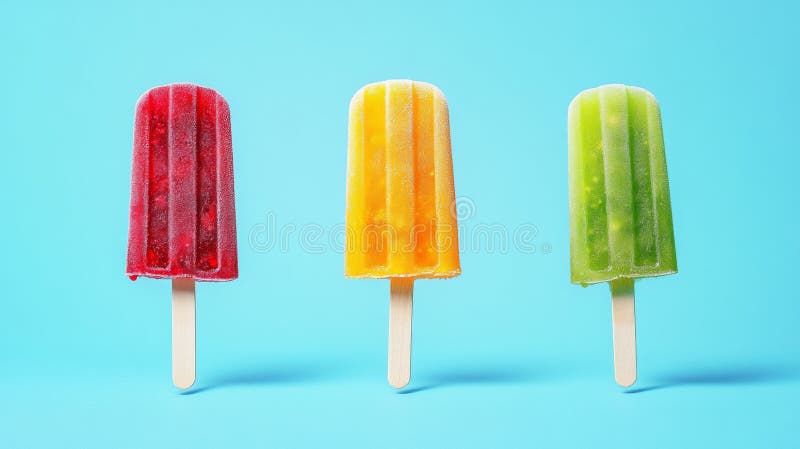 Three Vibrant Fruit-flavored Popsicles in Red, Orange, and Green Stand ...