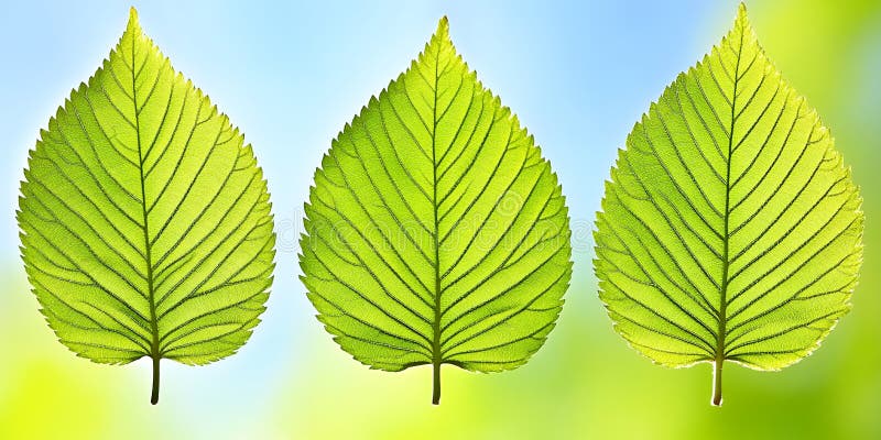 Three Vibrant Green Leaves Backlit Against a Soft Blue and Green ...